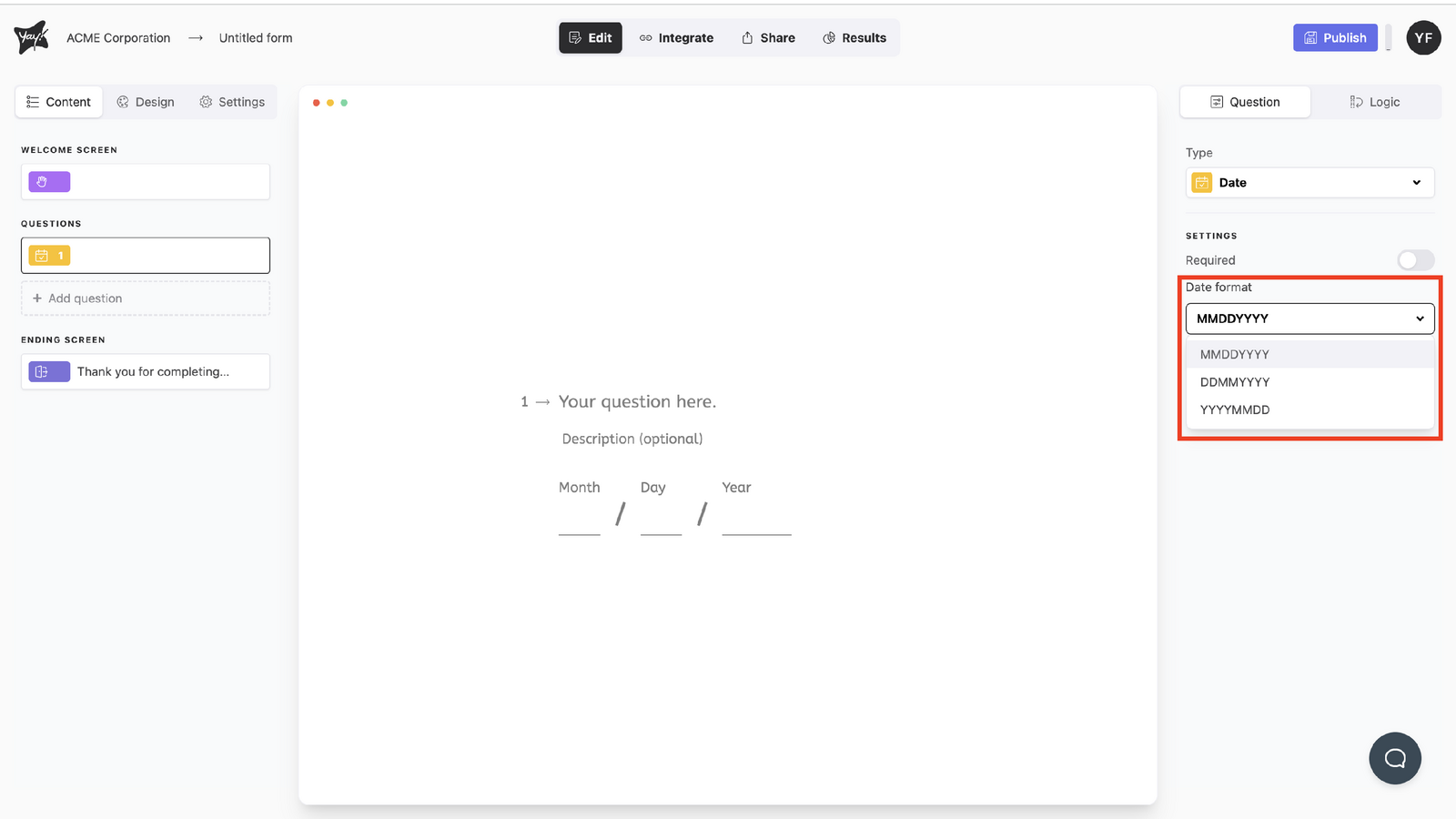 Como personalizar perguntas de data | Yay! Forms