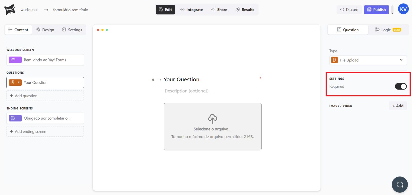 Como personalizar perguntas do tipo upload de arquivo | Yay! Forms