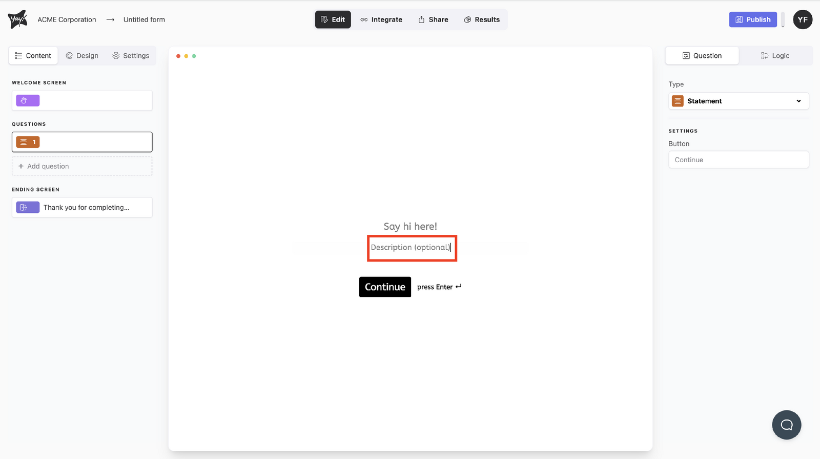 Como customizar perguntas do tipo Statement no Yay! Forms | Yay! Forms