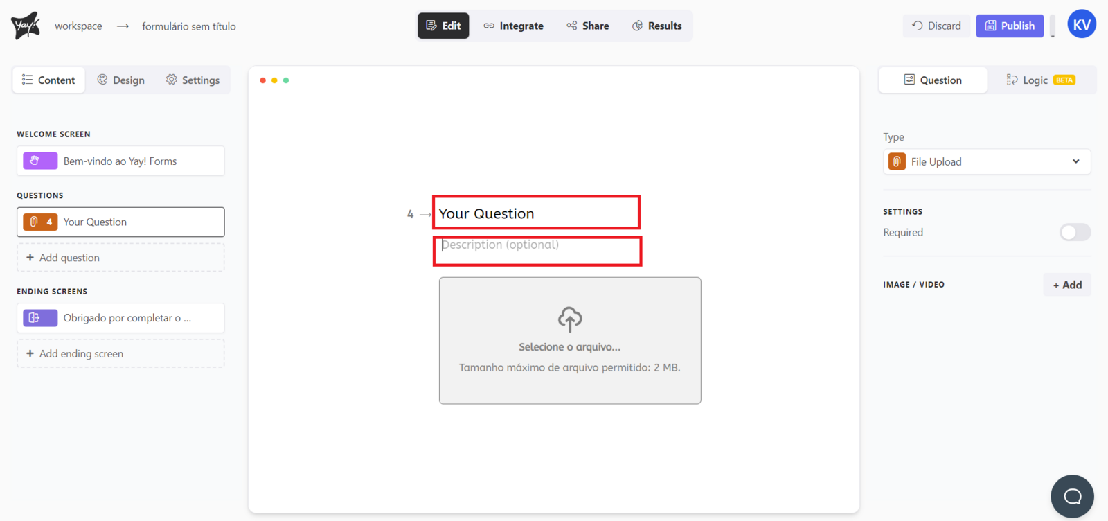 Como personalizar perguntas do tipo upload de arquivo | Yay! Forms